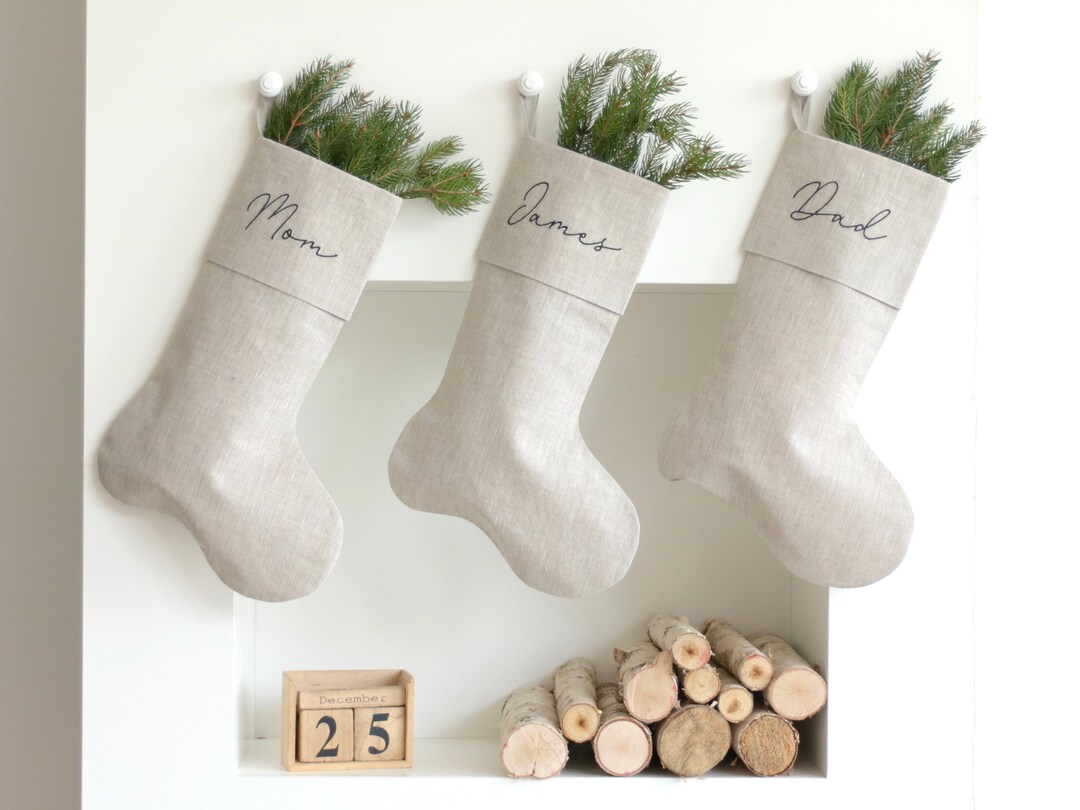 Personalized Linen Christmas Stocking, Neutral Christmas, Minimalist ...