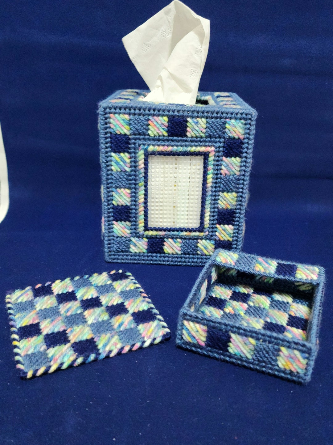 Plastic Canvas Tissue Box Cover W/ Picture Frames & small Desk Set - Etsy