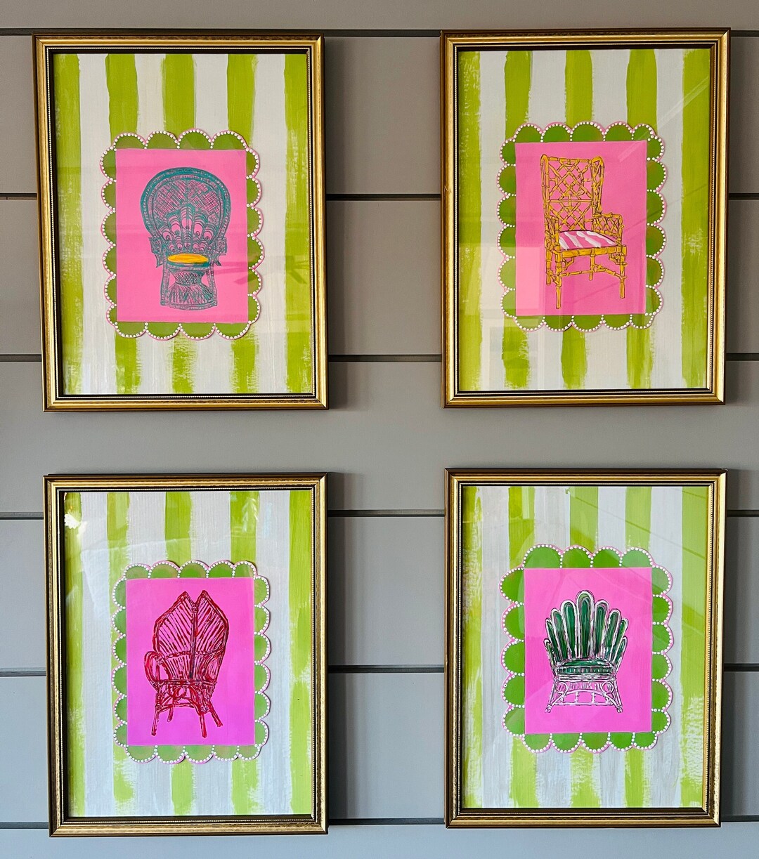 Set of Four Fine Art Vintage Style Rattan Chair Prints Framed in Gold ...