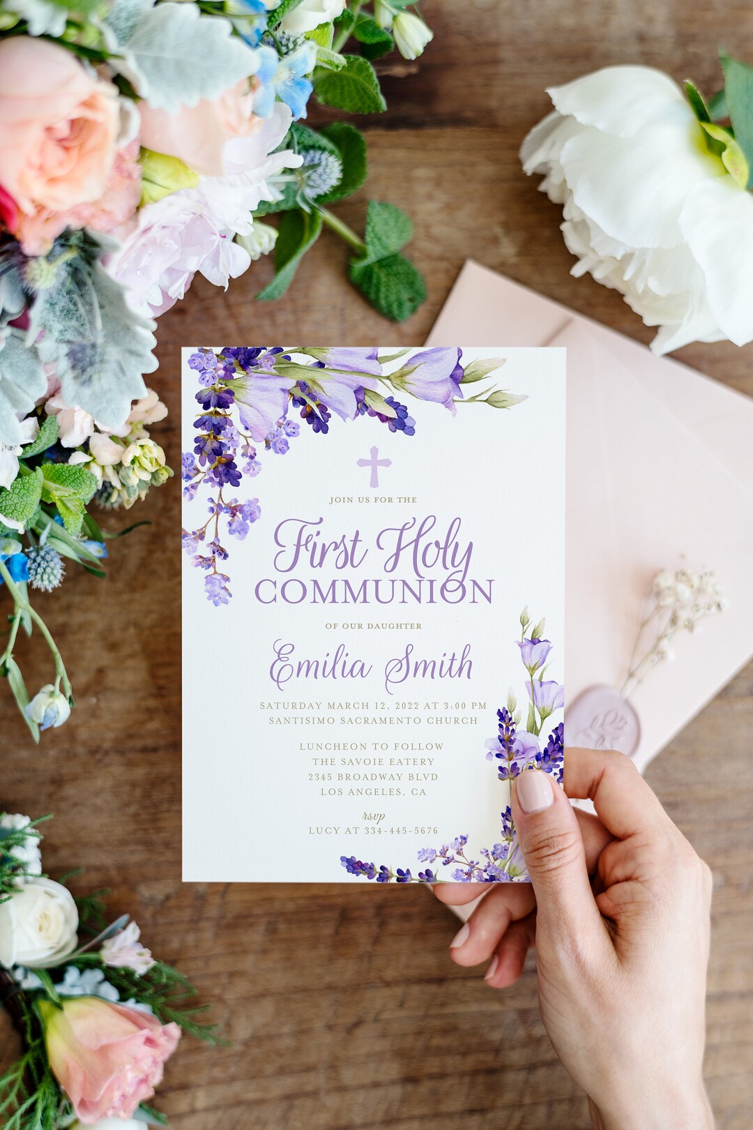Lavender Floral First Holy Communion Invitation, Baptism Invitation ...
