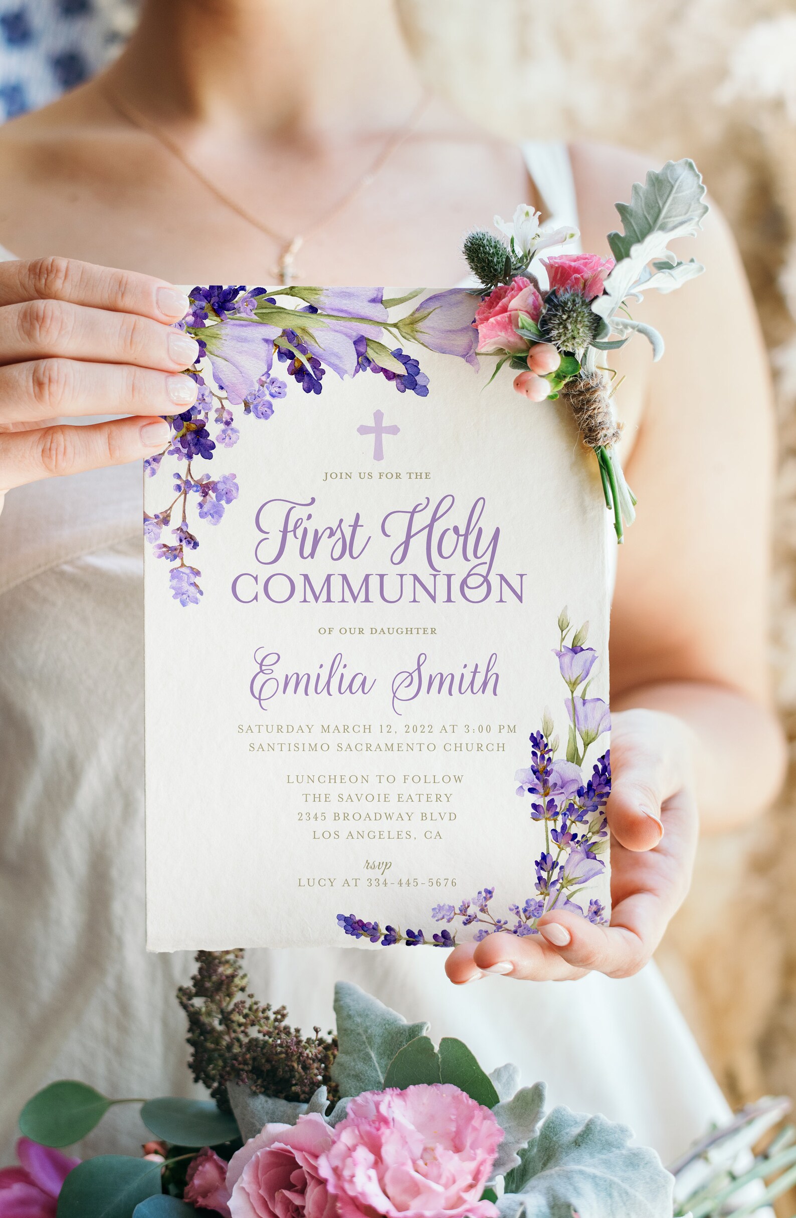 Lavender Floral First Holy Communion Invitation, Baptism Invitation ...
