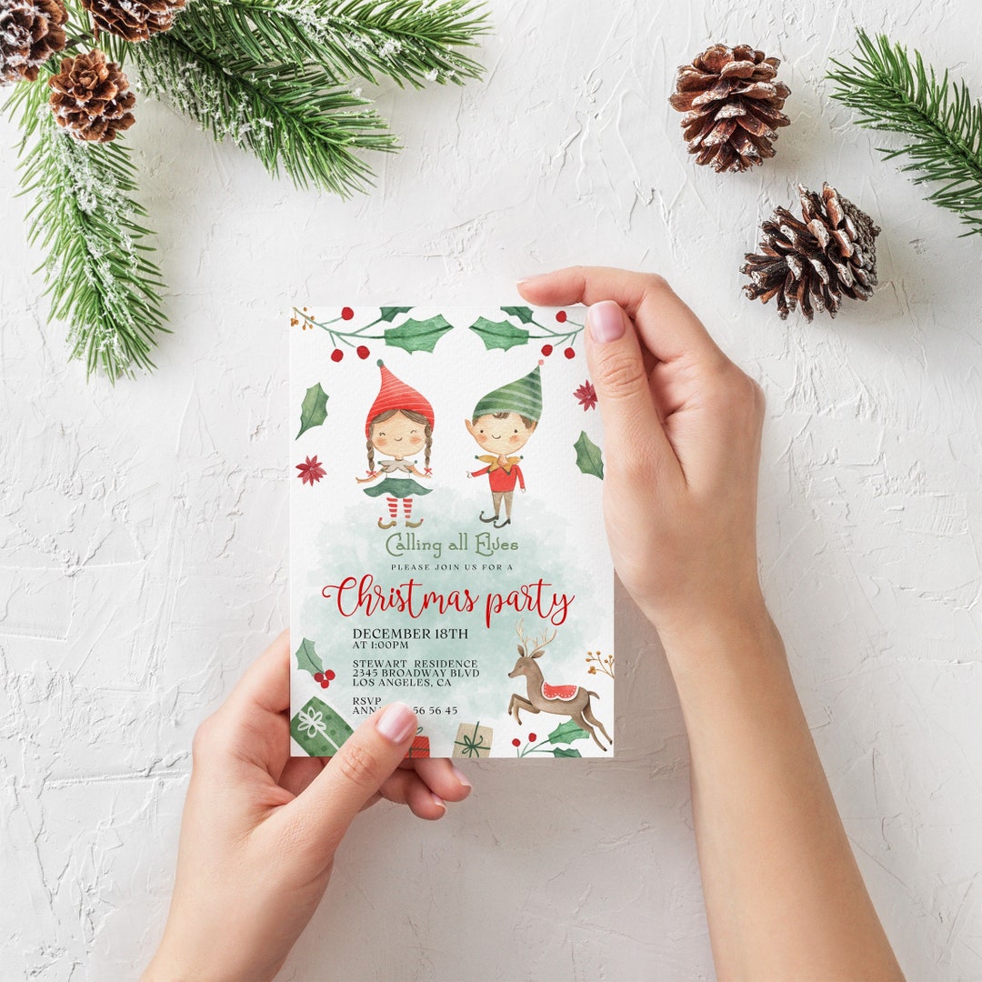 Christmas Calling All Elves Invitation, Holiday Party, Birthday, Twins ...