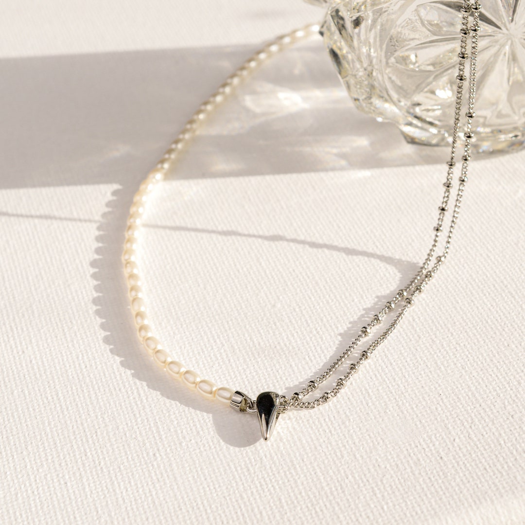 Silver Freshwater Pearl Chain Necklace, Half Pearl Half Satellite Chain ...
