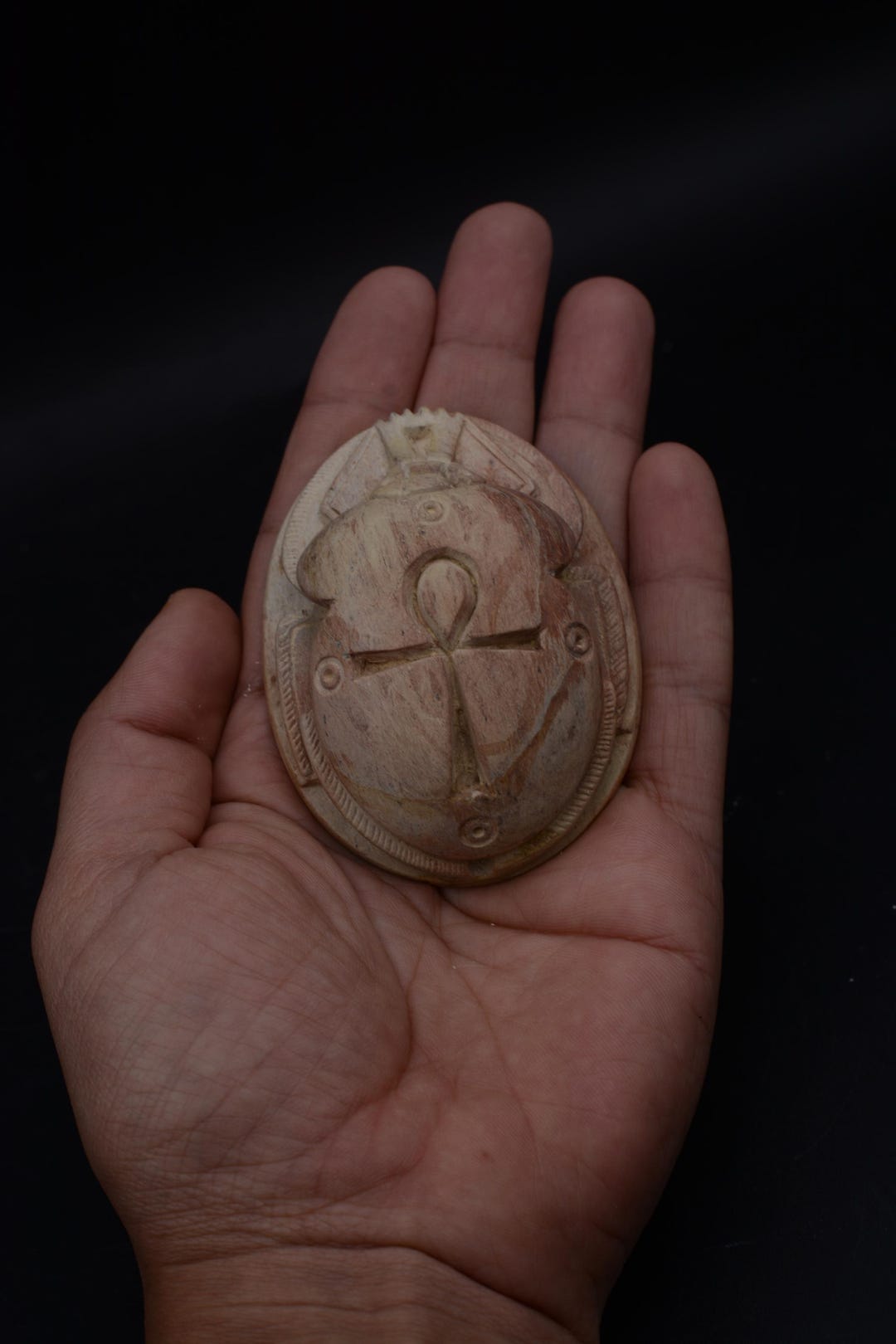 Hand-carved Scarab Amulet | Oval Egyptian Altar Stone With Ankh Symbol ...