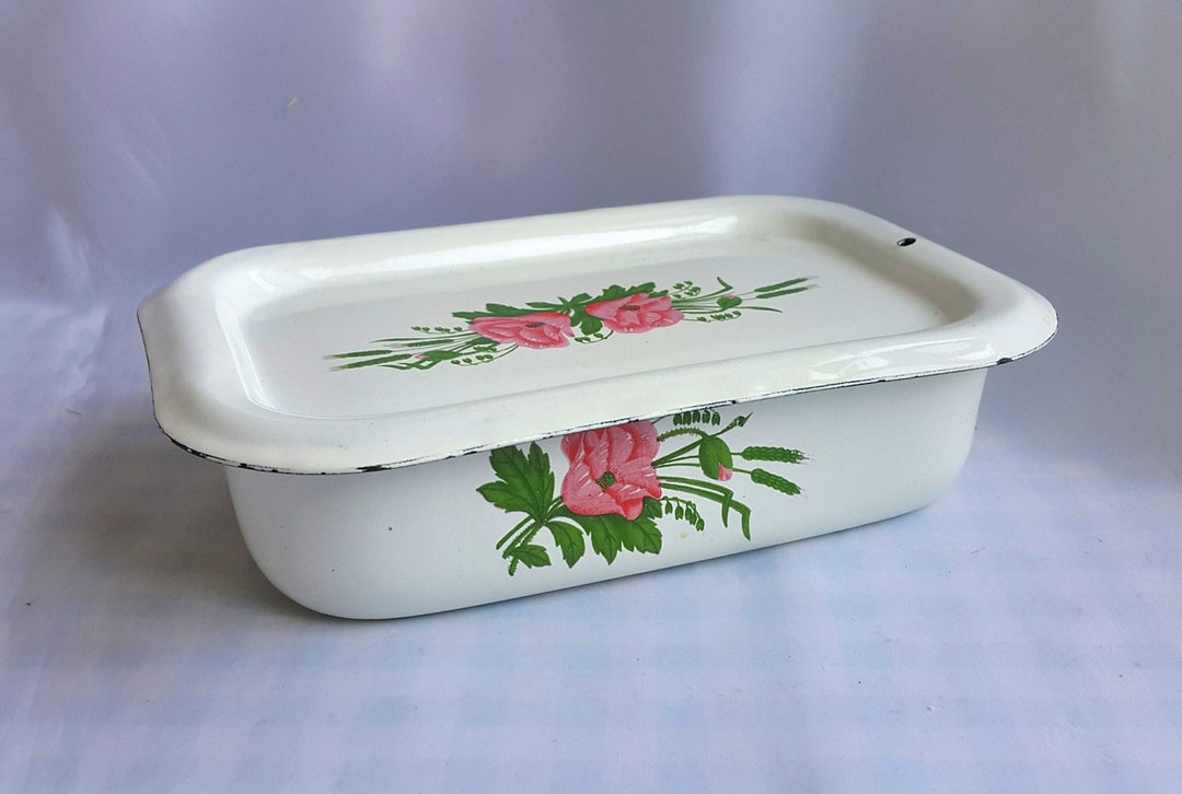 Soviet Metal Enamel Oven Container With Lid Iron Pot, Enamel Flowers ...