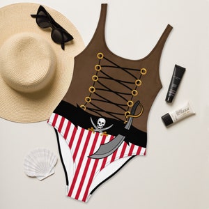 Pirate Swimsuit, Red Stripes, Skulls, Women's One-piece Swimsuit - Etsy
