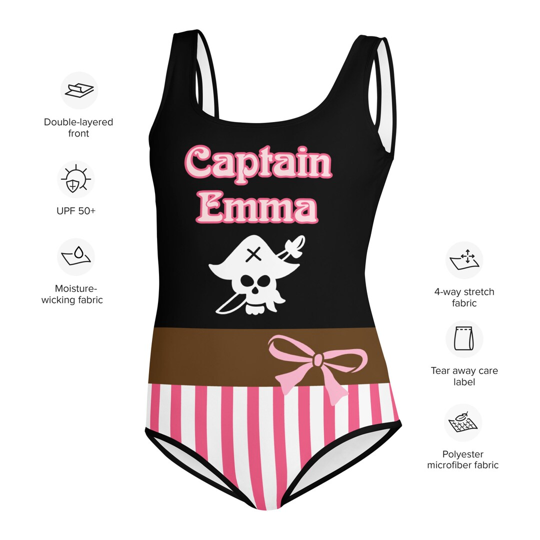 Girls Pink Pirate Swimsuit, Personalized Swimsuit, Youth Swimsuit - Etsy