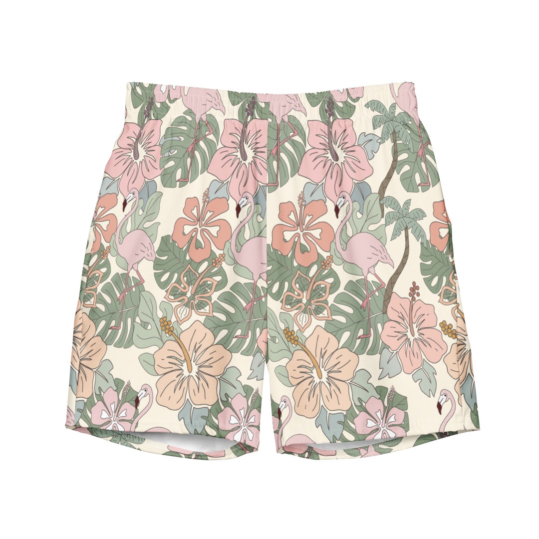 Men's Tropical Boho Flower Swim Trunks, Flamingos, Hibiscus Flowers ...