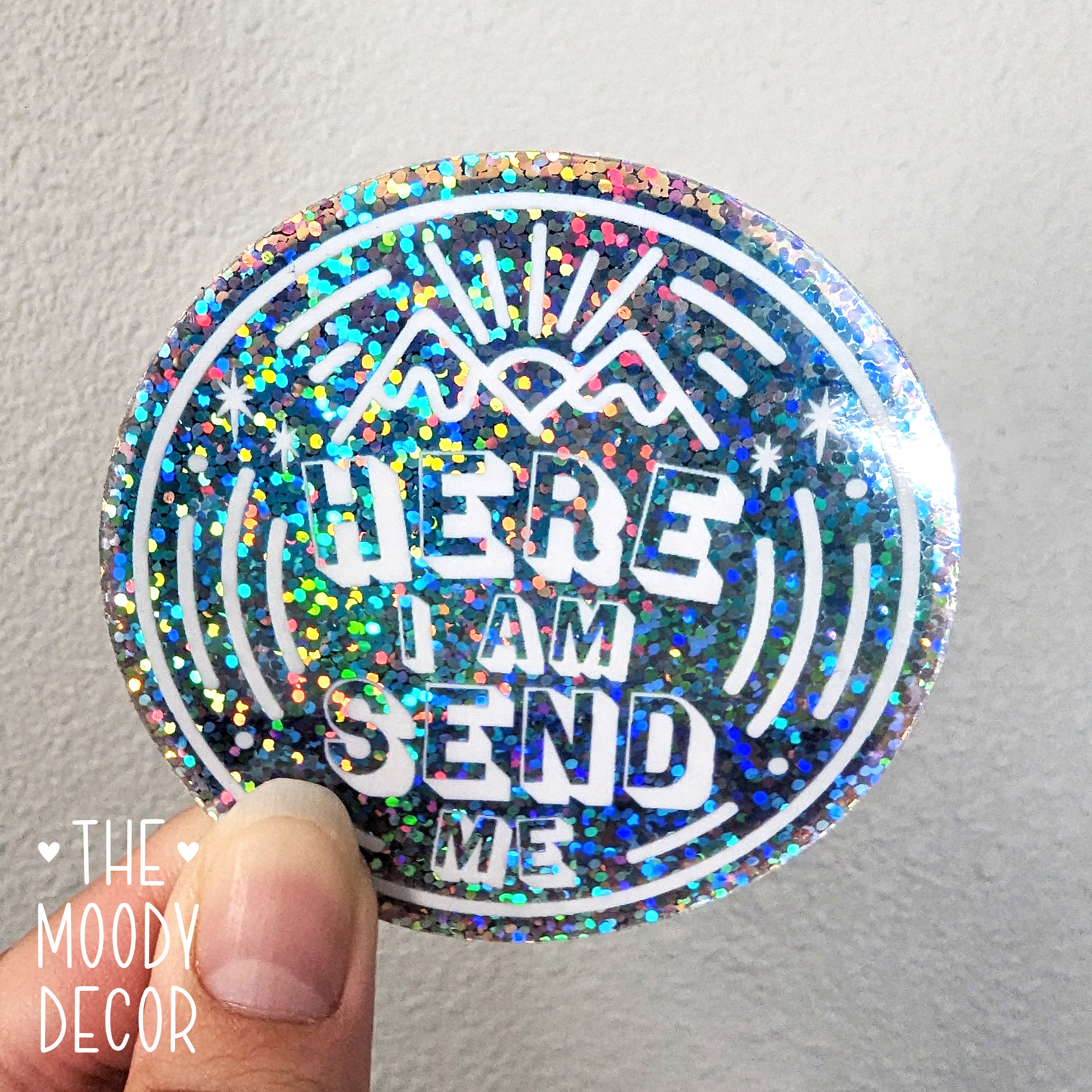 Here I Am Send Me Round Sticker, Heneni, Isaiah 6 8, Here Am I ...