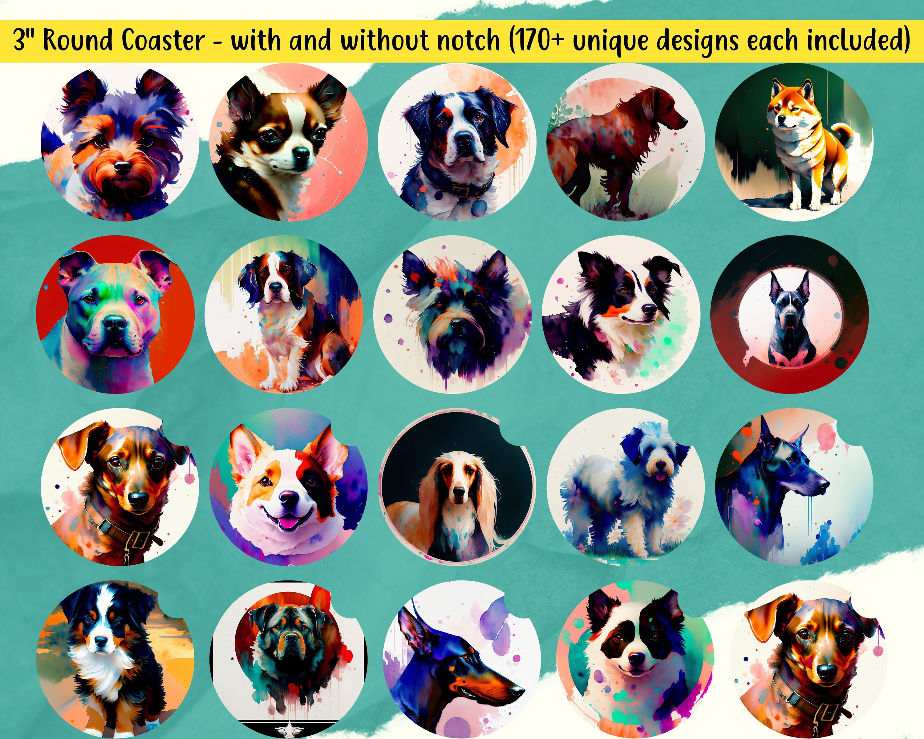 Watercolor Dog Car Coaster PNG Bundle 2040 Glass Coaster, Dog Coaster ...