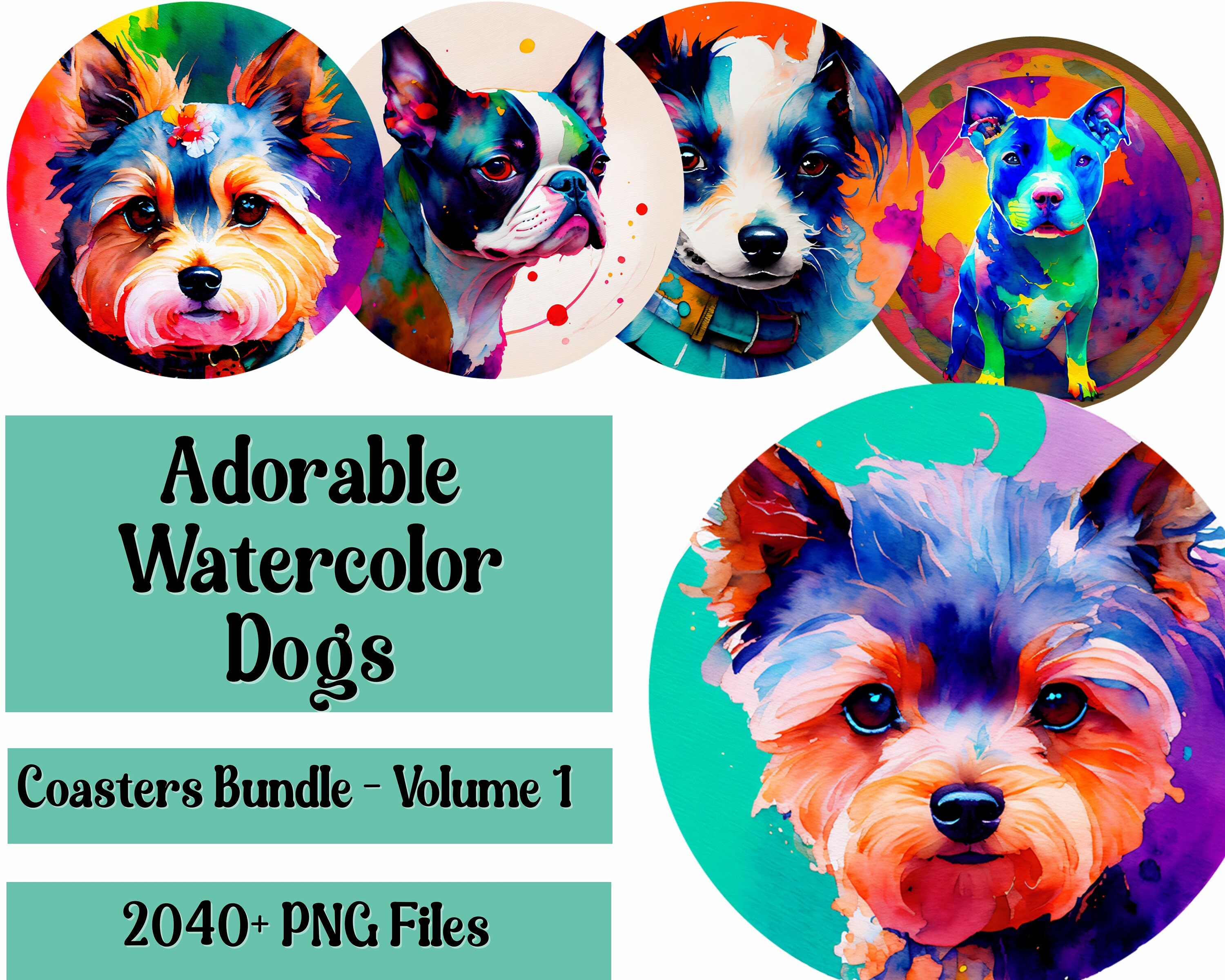 Watercolor Dog Car Coaster PNG Bundle 2040 Glass Coaster, Dog Coaster ...