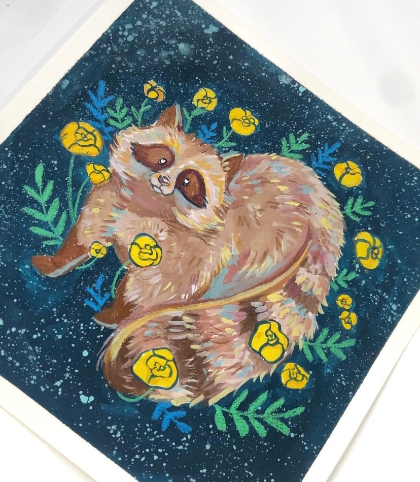 Raccoon Print 5x5 Trash Bandit Gouache Illustration | Etsy