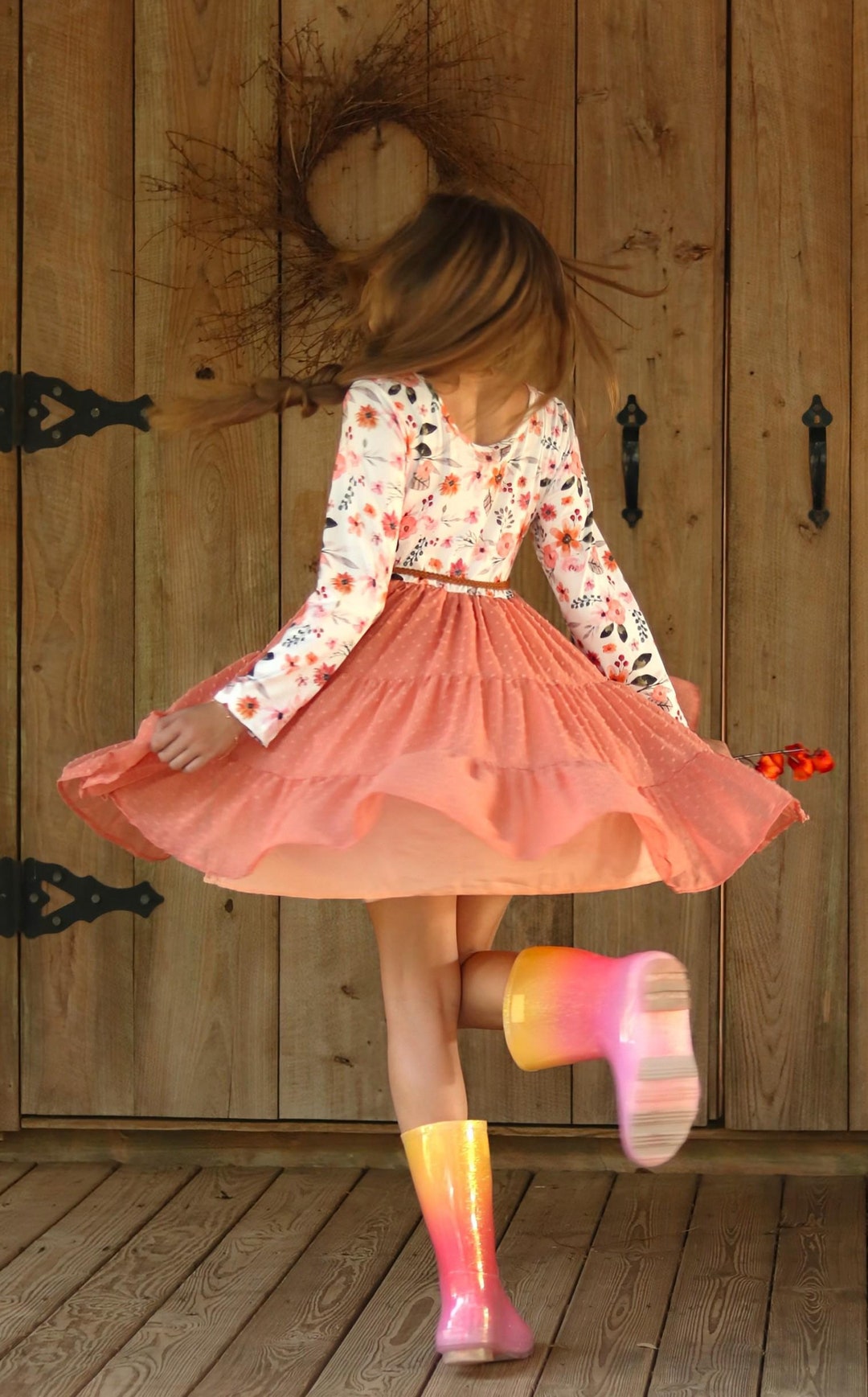 Girls Rust Swiss Dot Tulle Dress. Floral Print Tulle Tiered Dress ...