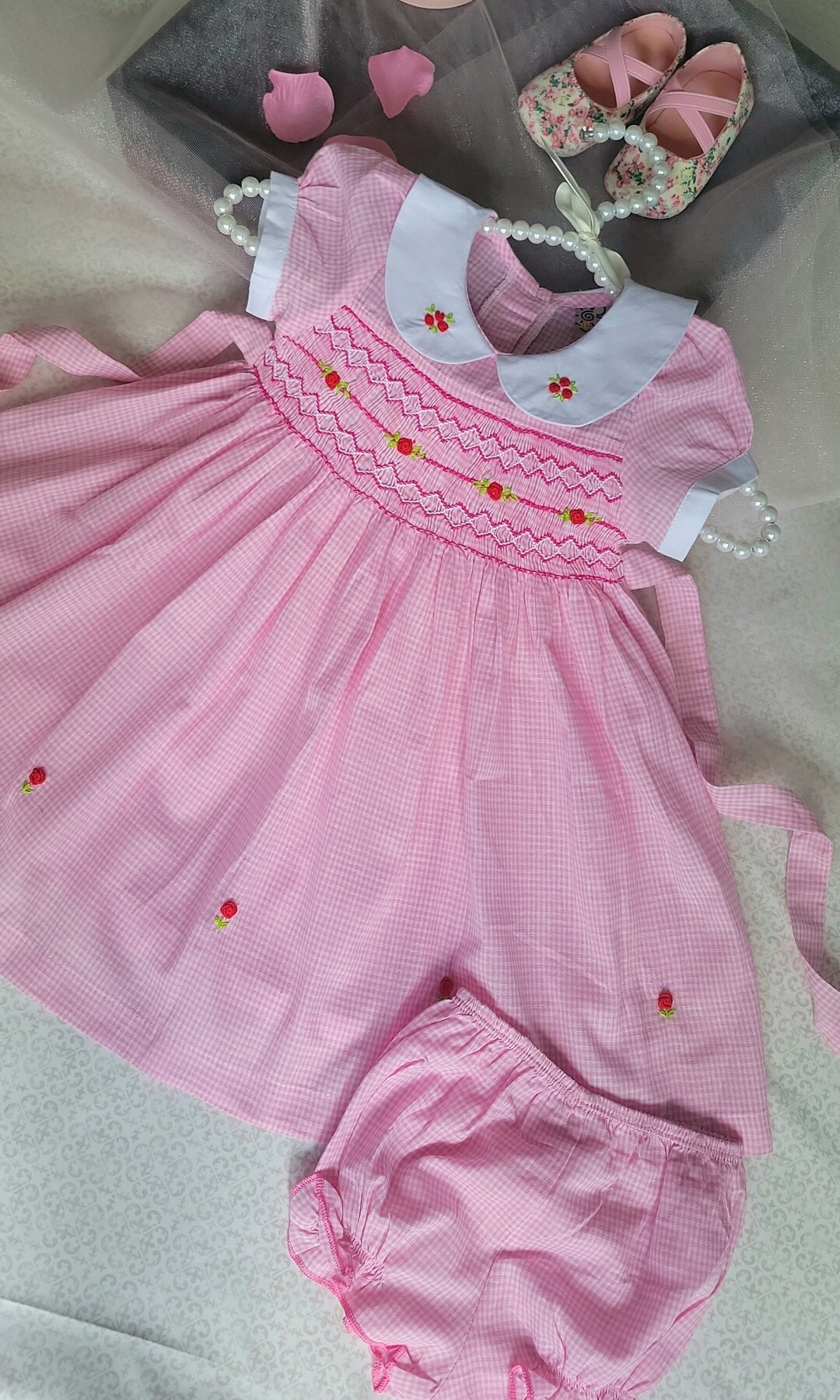 Pink Plaid Birthday Dress / Pink Gingham Smocked Embroidered Baby Girl Dress / 1st Birthday ...
