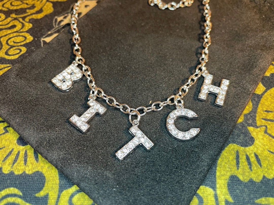 Diamond Bitch Choker Stainless Steel Cubic Zirconia Charm Pendant Bling ...