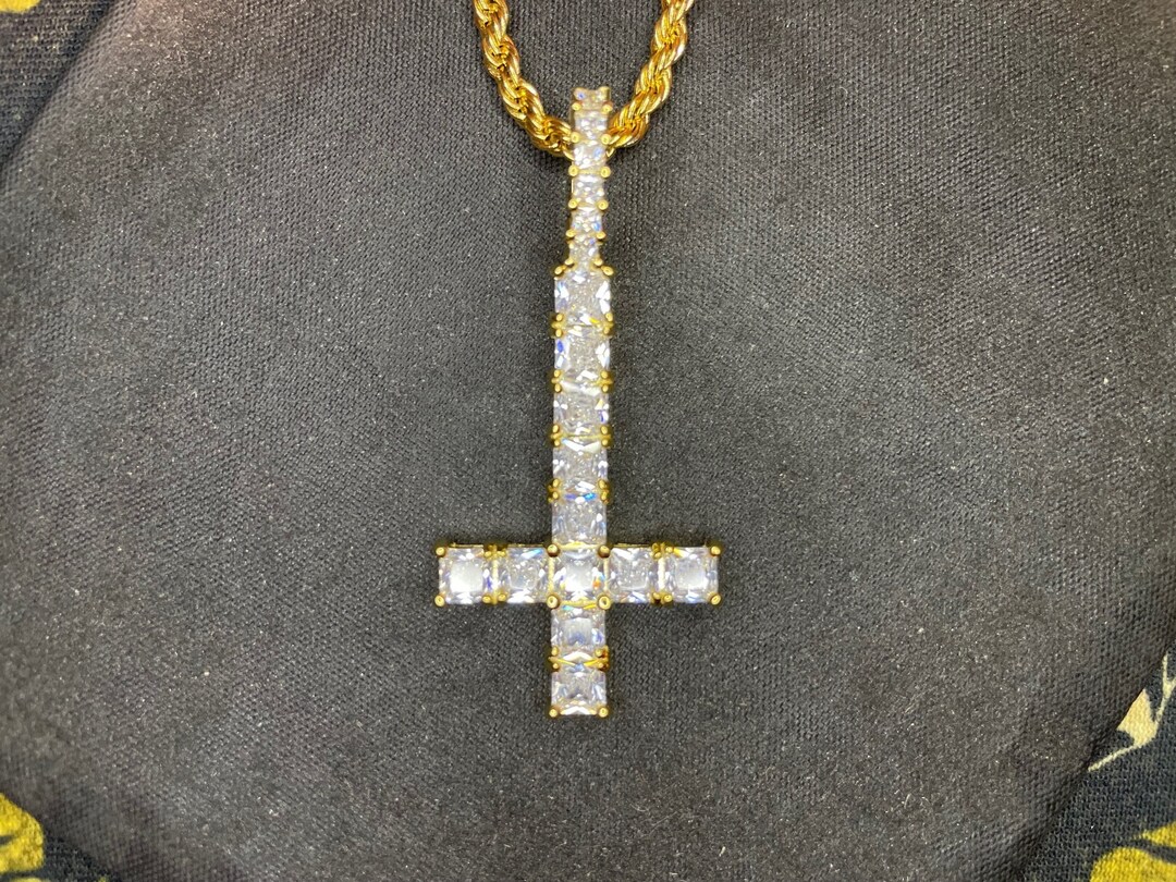 Diamond Upside Down Inverted Cross 14k Gold Pendant Rope Necklace Goth ...