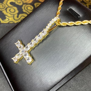 Diamond Upside Down Inverted Cross 14k Gold Pendant Rope Necklace Goth ...