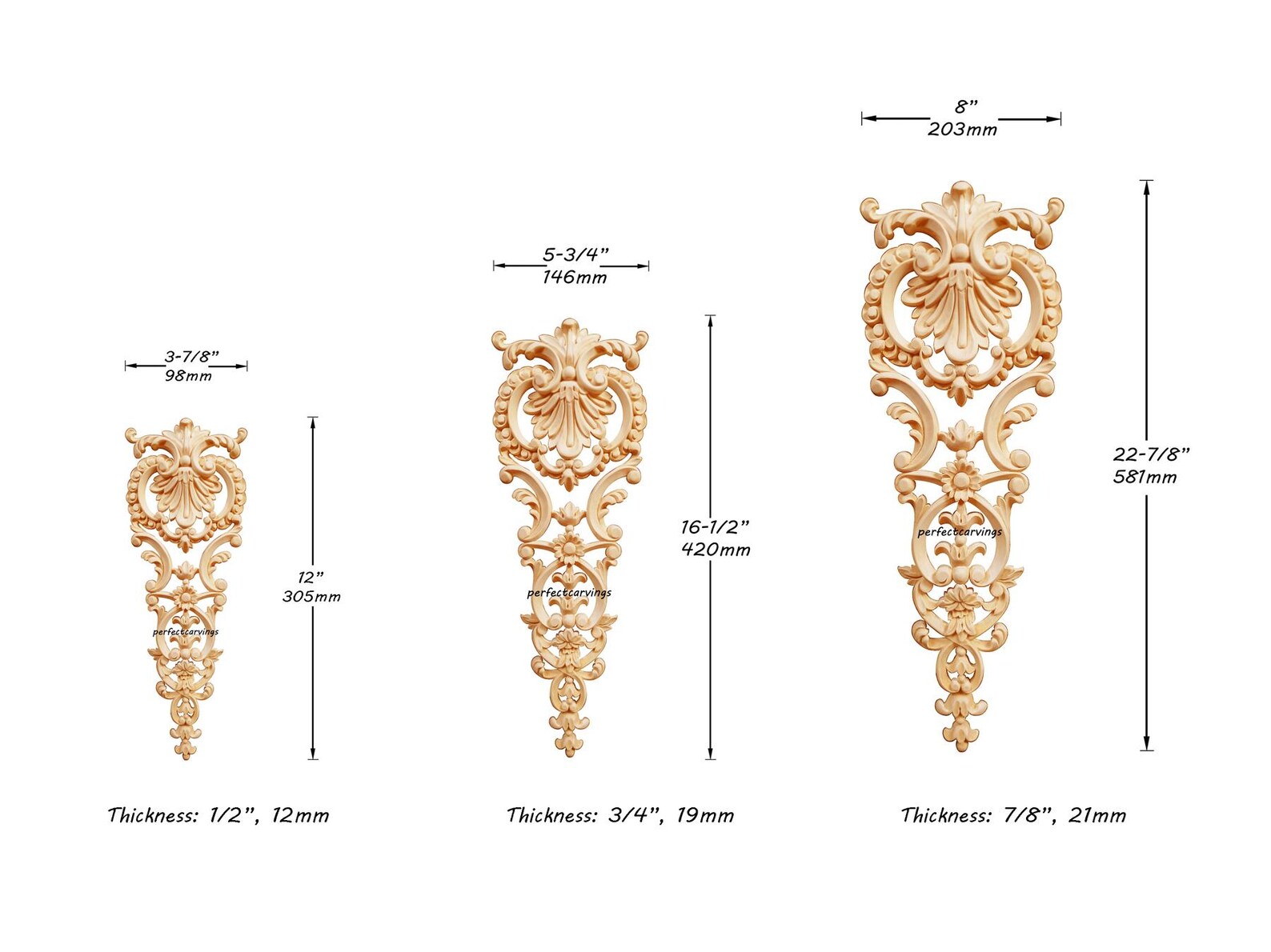 PAIR of Floral Shell Scroll Carved Wood Drop Onlays, Furniture ...