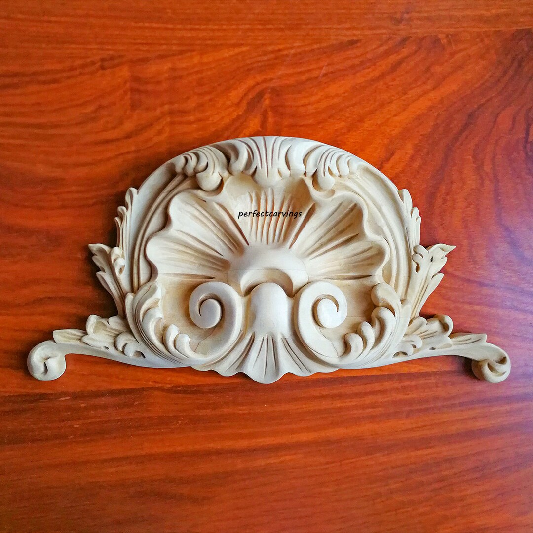 Deep Relief Shell Scroll Carved Wood Applique, 11-3/8"wx5-3/4"h, Single ...