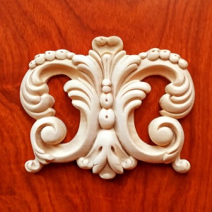 PAIR of Leaf Scroll Bell Flower Carved Central Wood Appliques, 5-1/2 ...