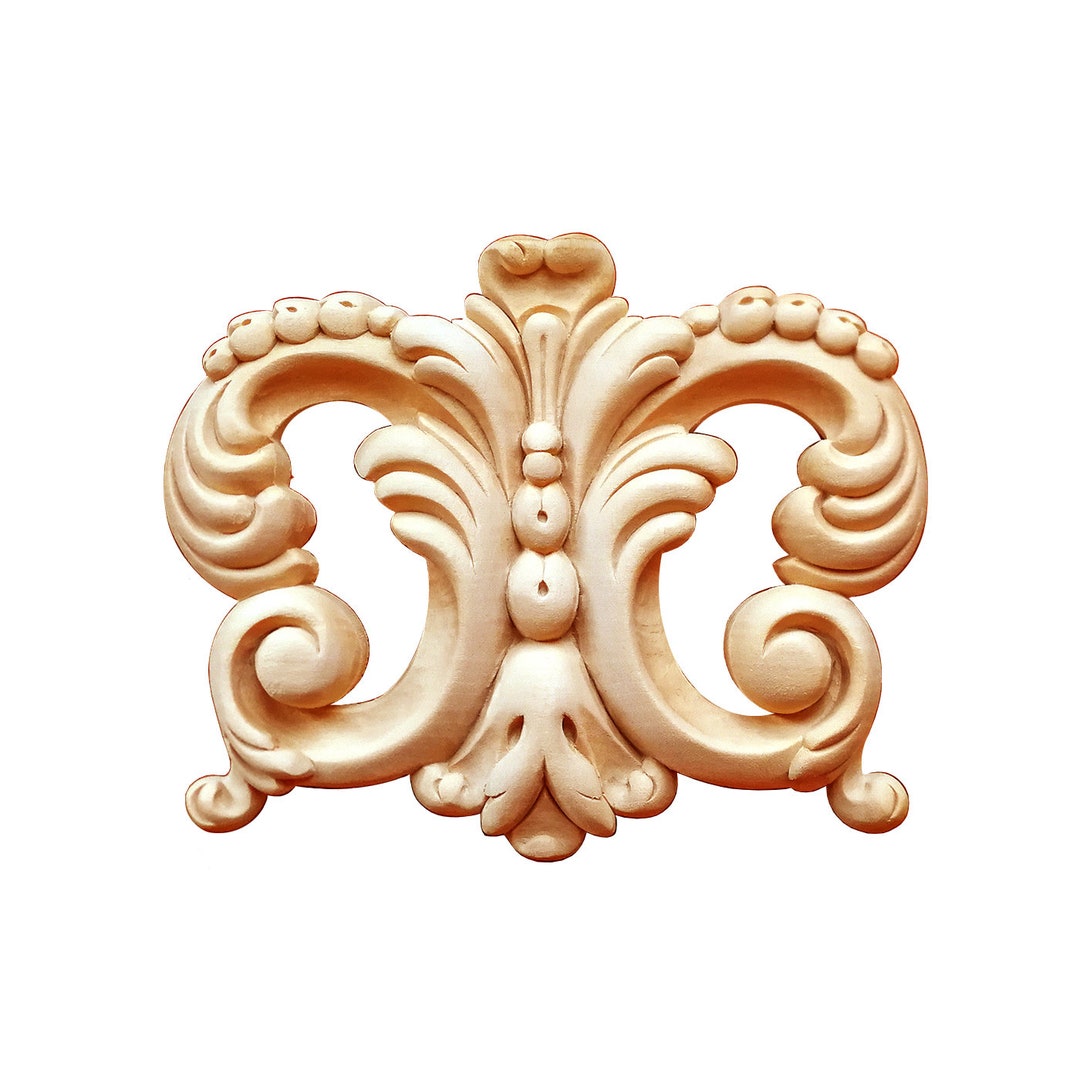 PAIR of Leaf Scroll Bell Flower Carved Central Wood Appliques, 5-1/2 ...