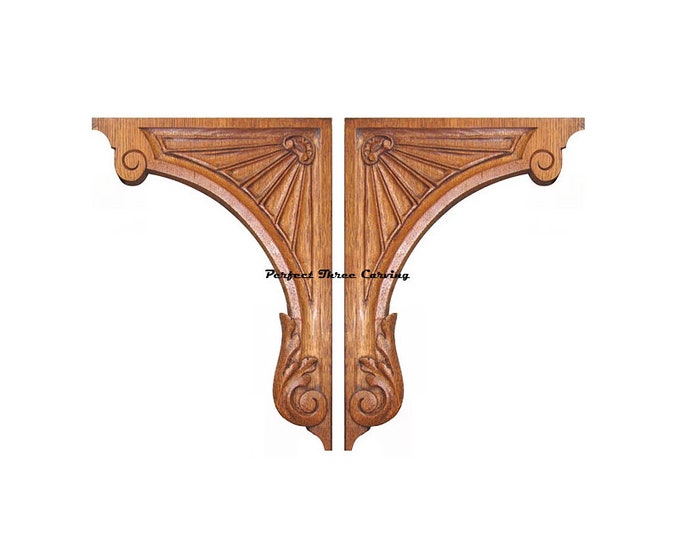 PAIR of Geometric Patterns & Leaf Carved Wood Shelf Brackets, Wood ...