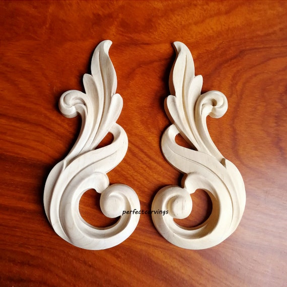 Pair of Solid Wood Carved Scroll Leaf 7-1/8h Onlay - Etsy