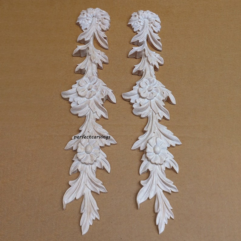 PAIR of Delicate Floral Leaf Carved Wood Drop Appliques for Pilaster ...
