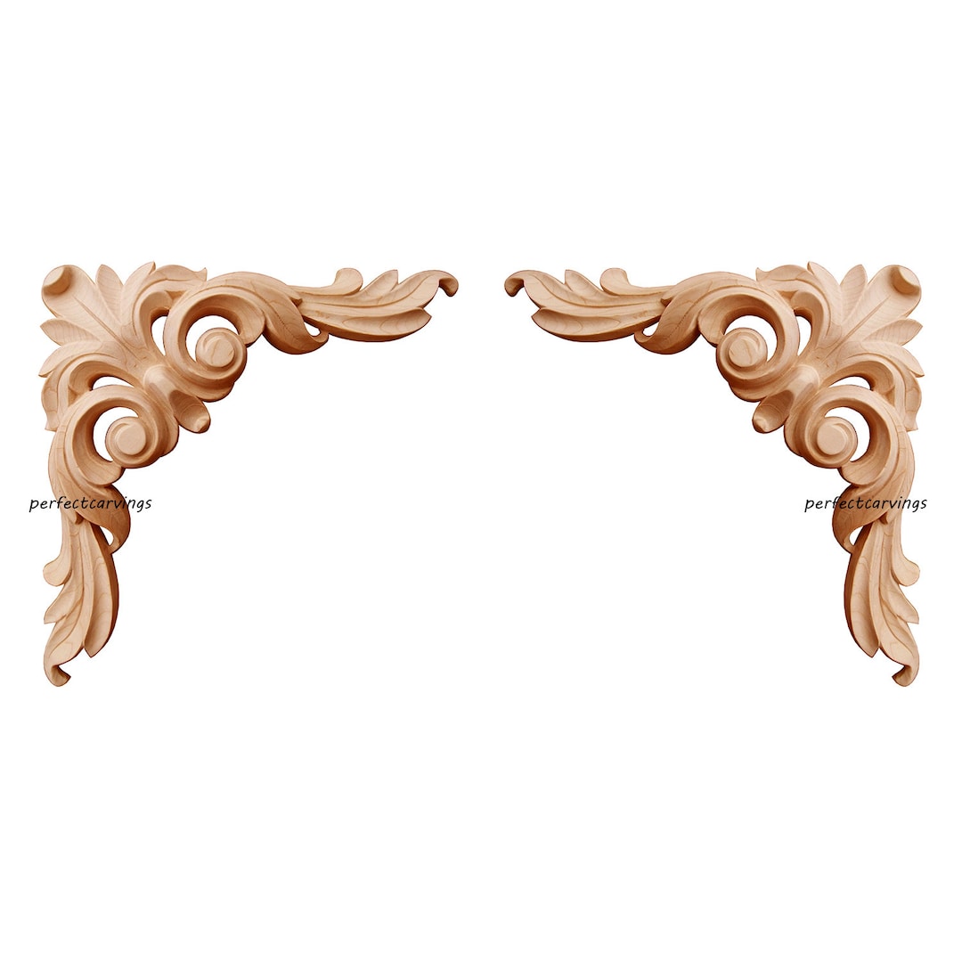 PAIR of Elegant Scrolled Leaf Carved Wood Corner Appliques, Furniture ...