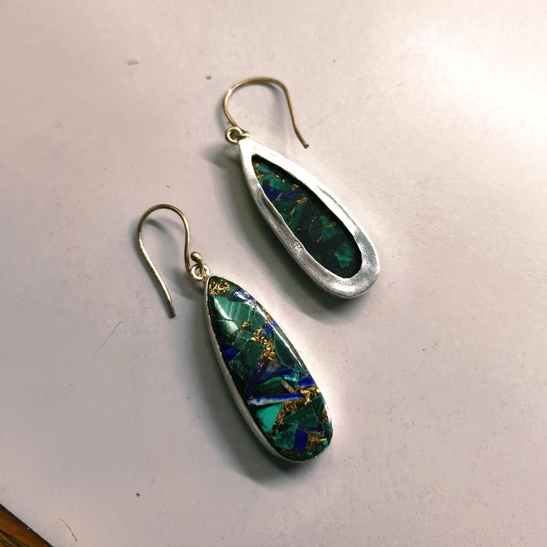 Handmade Sterling Silver Azurite Malachite Drop Earrings | Boho Jewelry ...