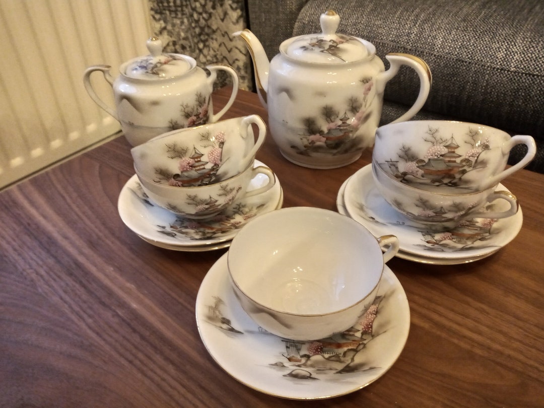 Vintage 12 Piece Tea Set Japanese Kutani Moriage Porcelain. Mt Fuji ...