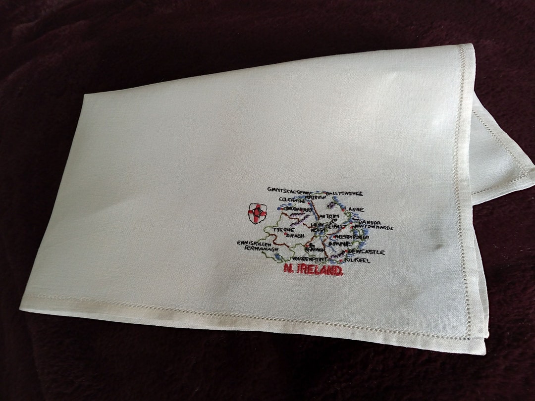 Unique Vintage Irish Linen Tray Cloth. Ivory With Hand Embroidered Map ...