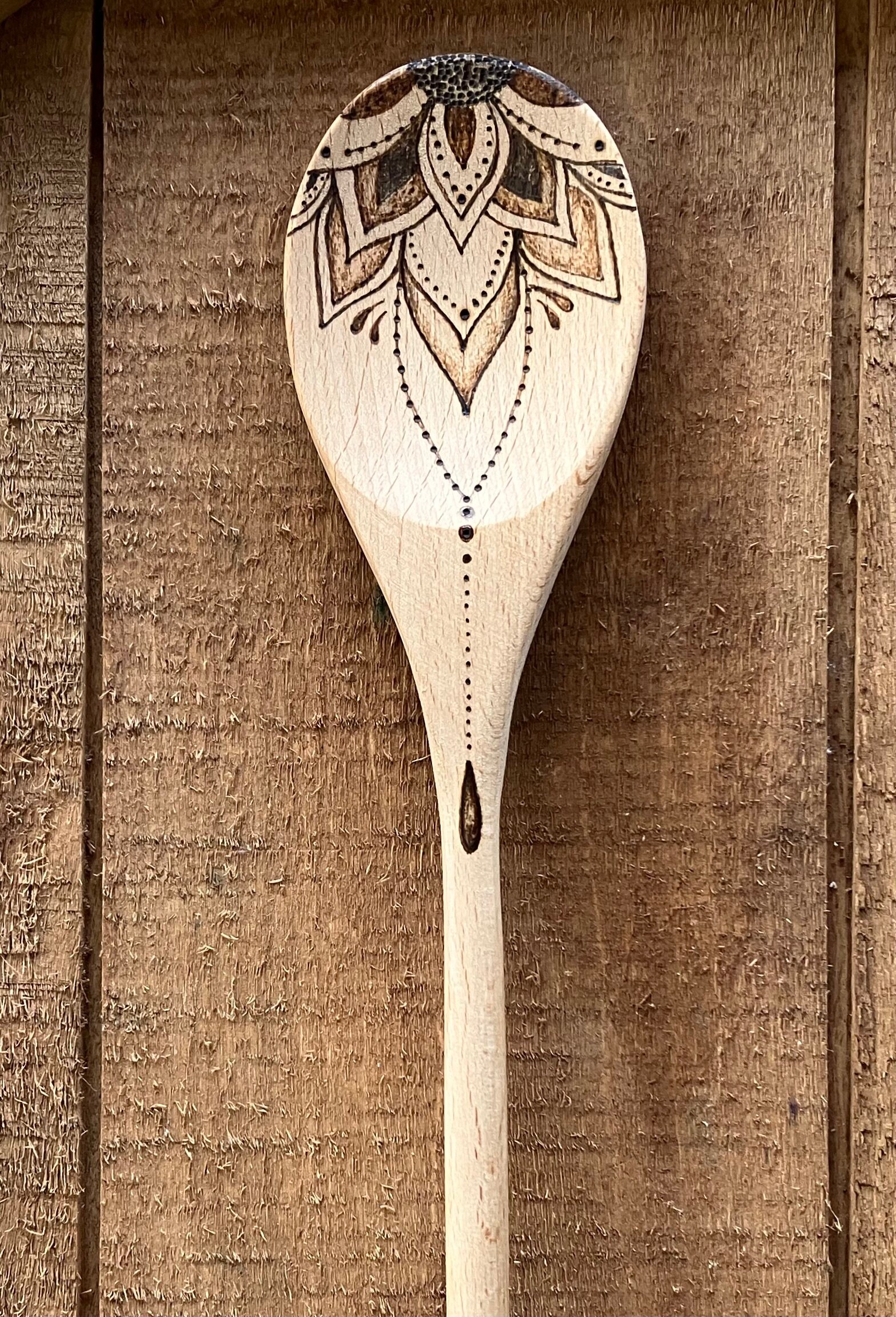 Abstract Sunflower 14" Jumbo Wooden Spoon. Pyrography. Handmade. One of ...