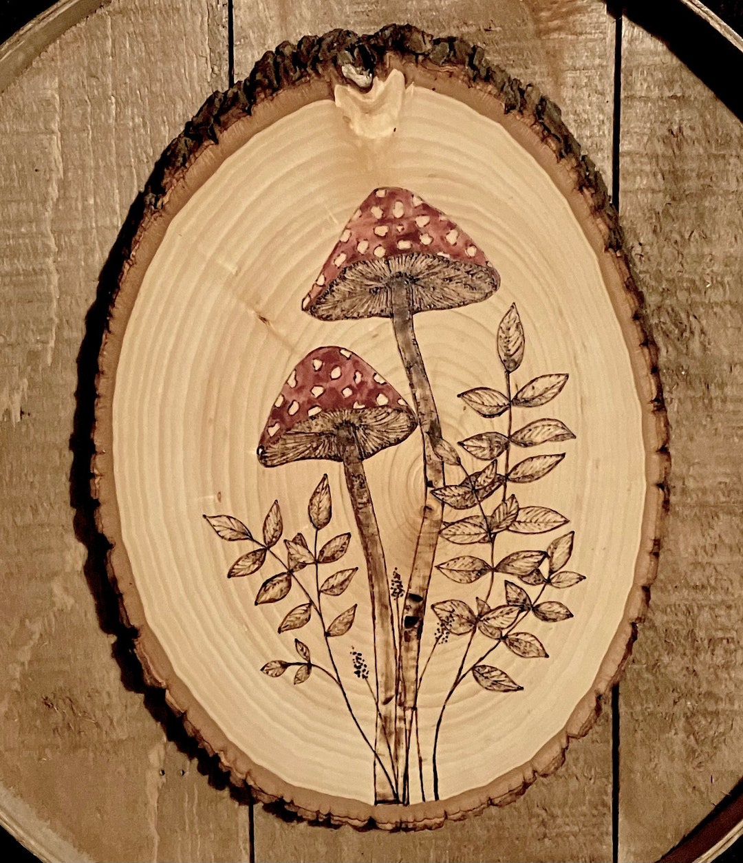 Mushrooms Wood Burning 8" X 11" on Rustic Slice of Basswood. One of a ...