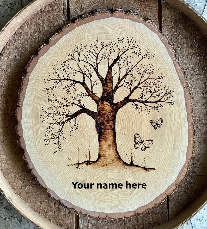 Personalized Wood Burning Tree on Rustic Slice of Basswood. "love of ...