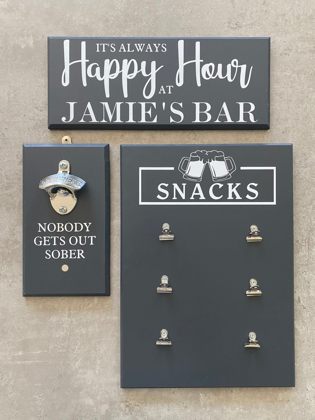 Personalized Home Bar Decor Set: Snack Sign, Bottle Opener, Happy Hour ...