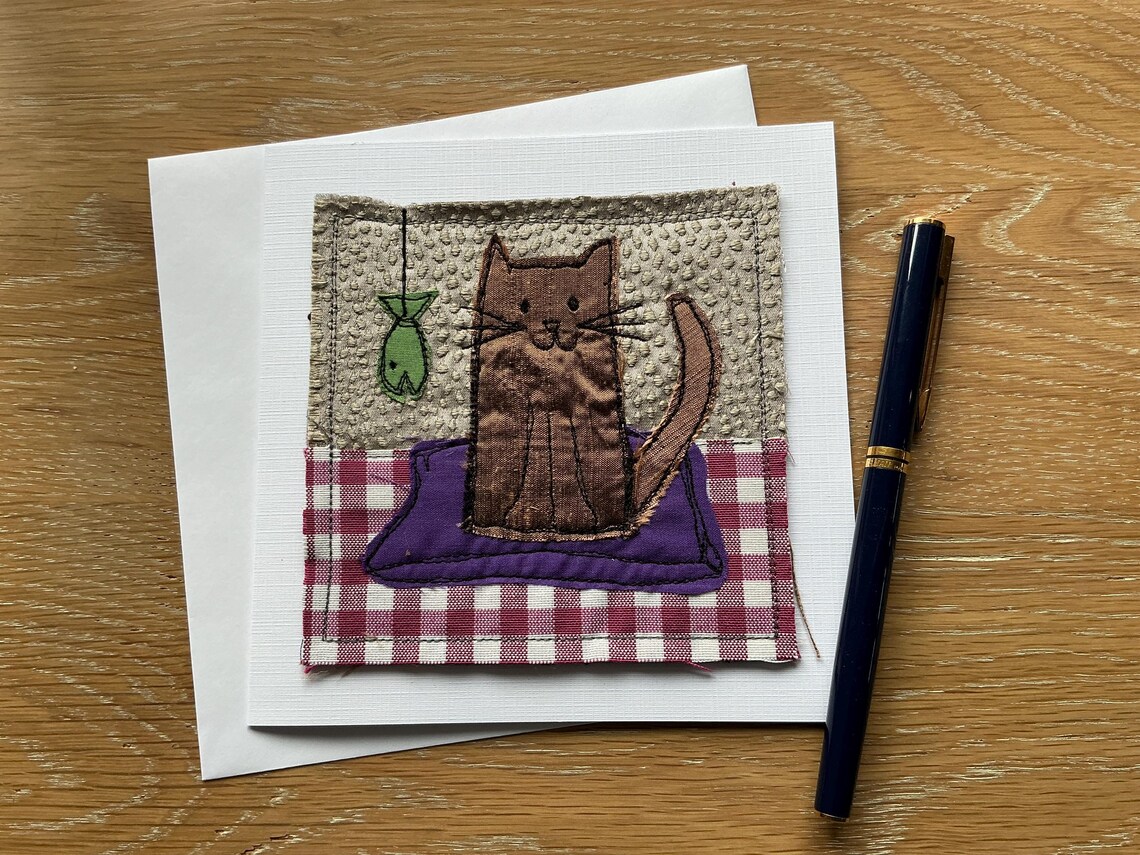 Cat Textile Appliqué Card | Blank - Etsy UK