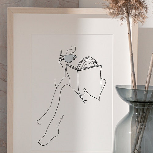 Book Nerd Art Print Girl Reading Book Cup of Tea Comfy Cozy - Etsy