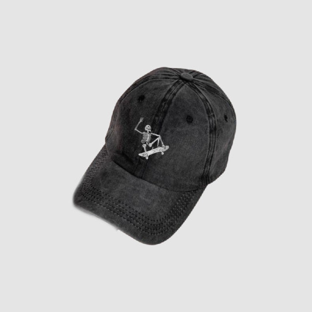 Skateboarding Skeleton Skull Baseball Hat Distressed Black Adjustable ...