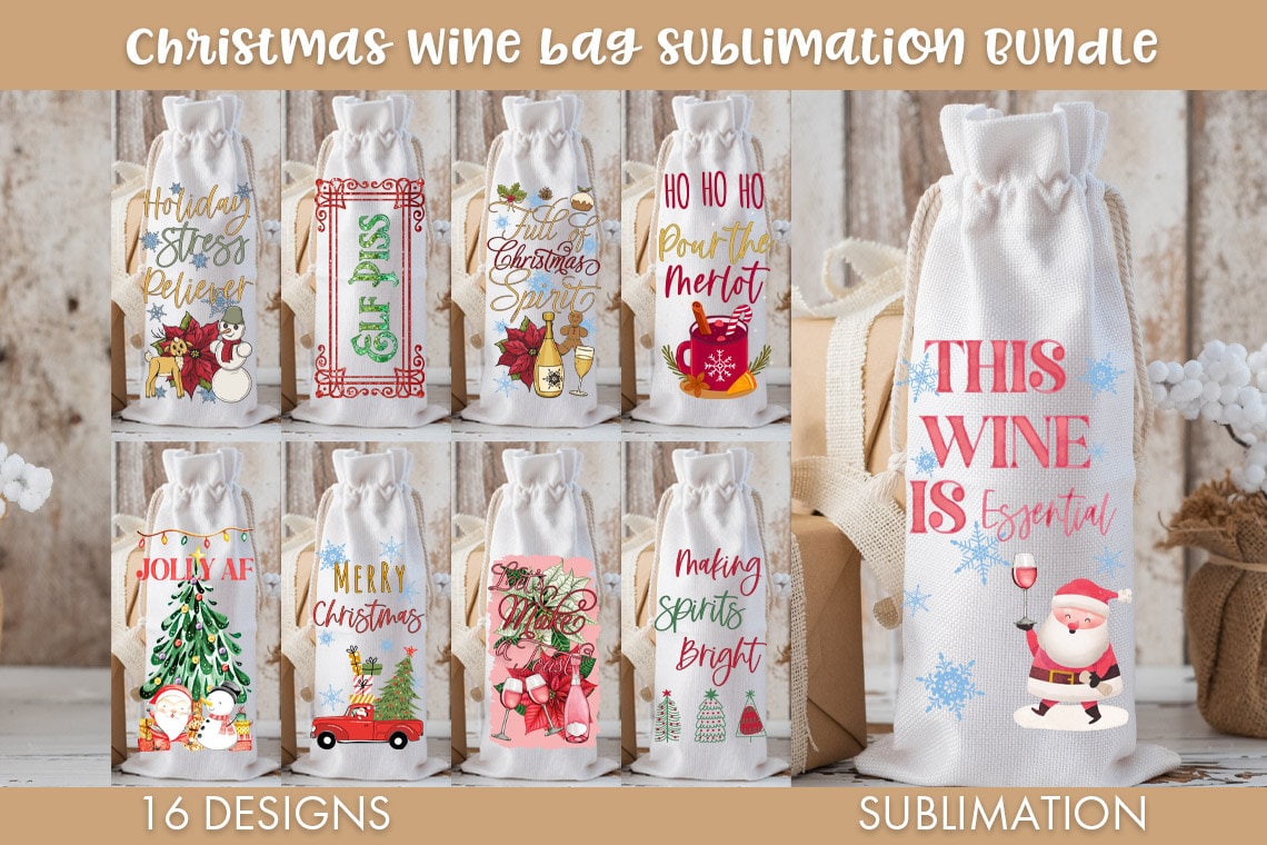 Wine Bag Sublimation PNG Bundle, Christmas Png Bundle, Wine Png, Santa ...