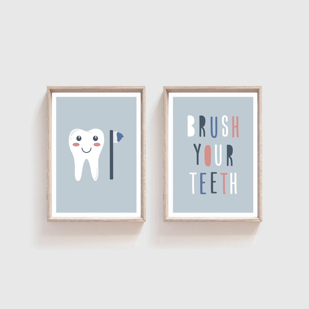Brush Your Teeth Sign, Kids Bathroom Set of 2, Educational Wall Art ...