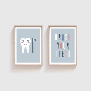 Brush Your Teeth Sign, Kids Bathroom Set of 2, Educational Wall Art ...