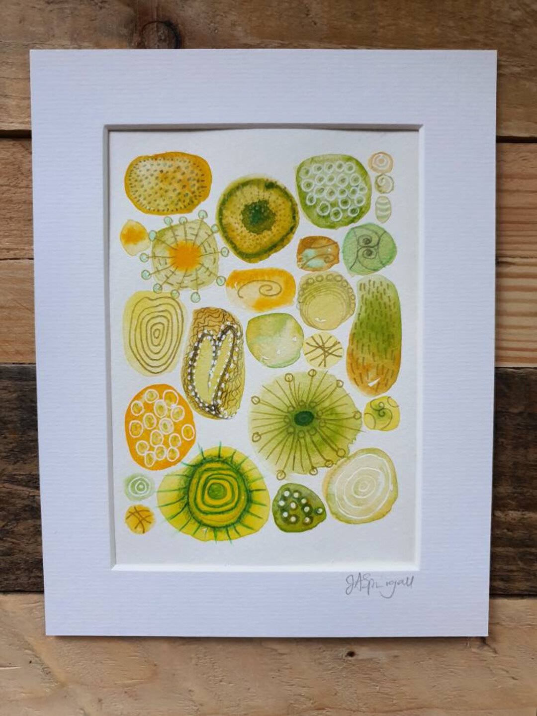 ORIGINAL Mounted Watercolour Painting of Stones in Acid Greens and ...