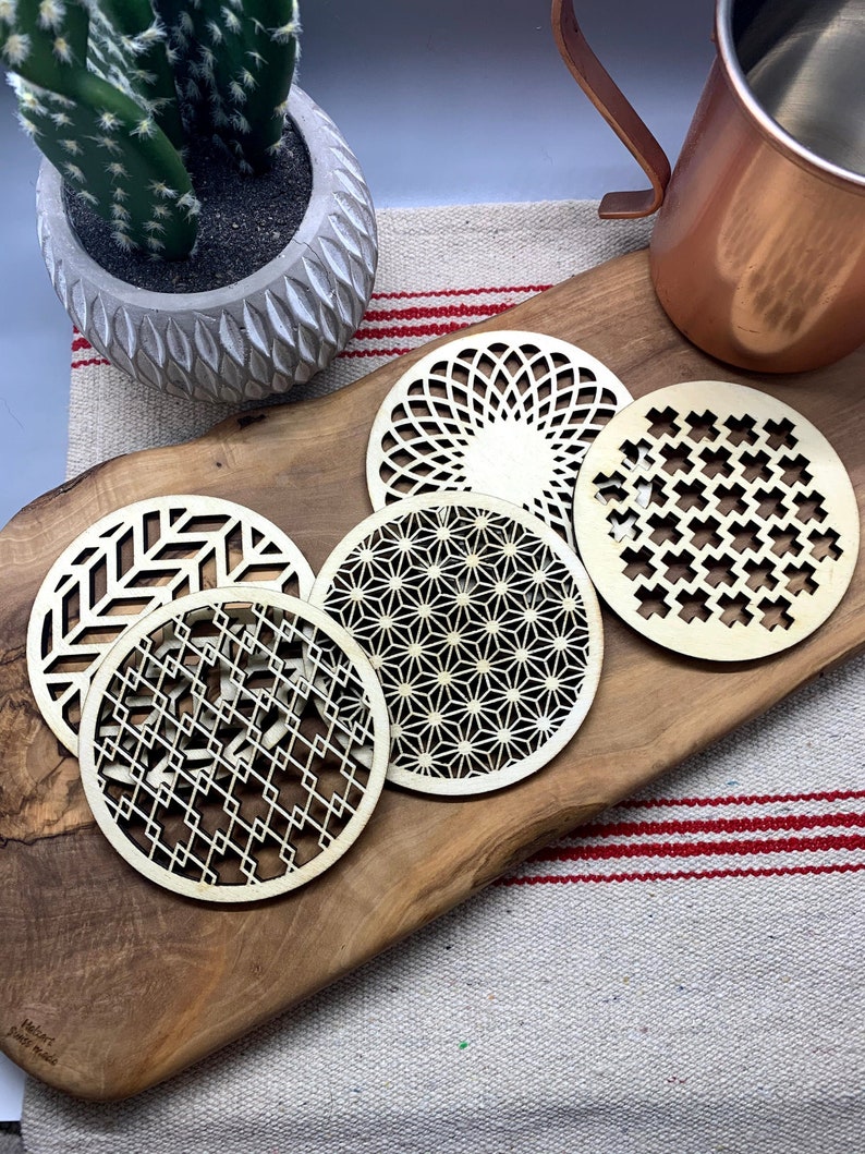 Geometric Wood Coaster Set of 5geometric Coastersdrink - Etsy
