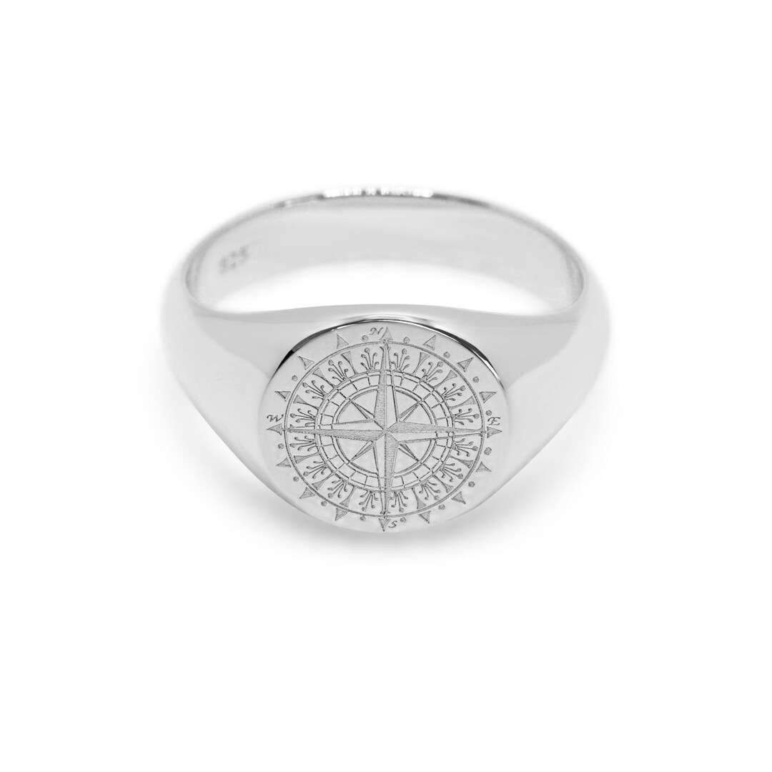 Men's Silver Compass Signet Ring 925 Sterling Silver Handmade Round ...