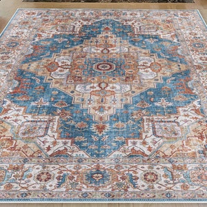 Terracotta Blue Red Persian Style Traditional Rug Washable Stain ...