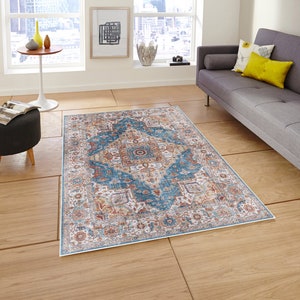 Terracotta Blue Red Persian Style Traditional Rug Washable Stain ...