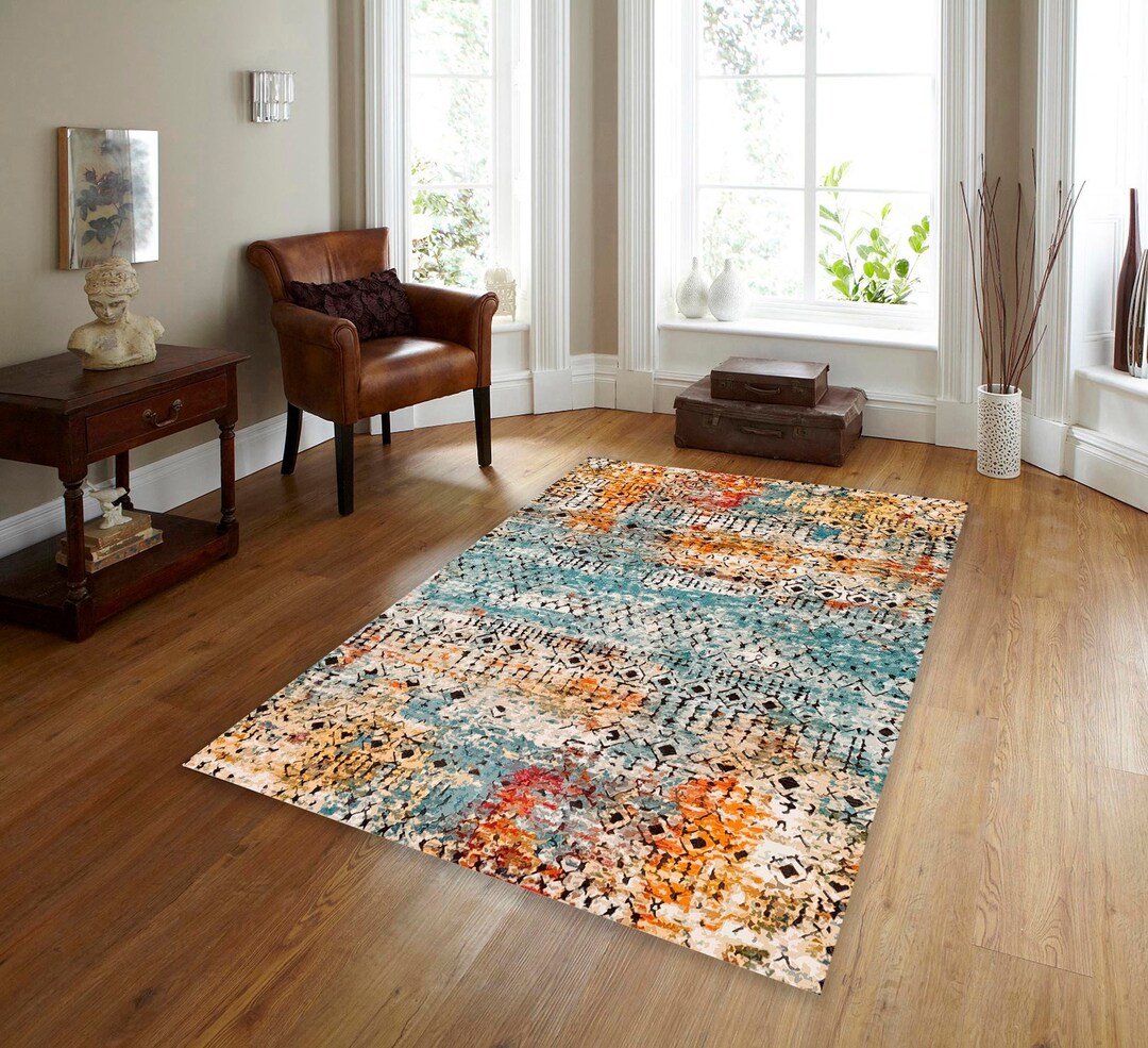 Colorful Turkish Rug Runner Blue Entryway Bedroom Rug Washable Non Slip ...