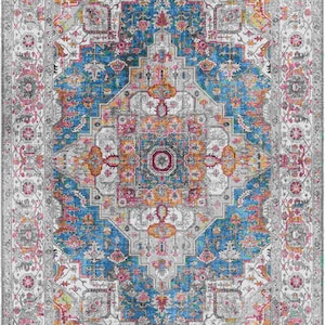 Terracotta Blue Red Persian Style Traditional Rug Washable Stain ...