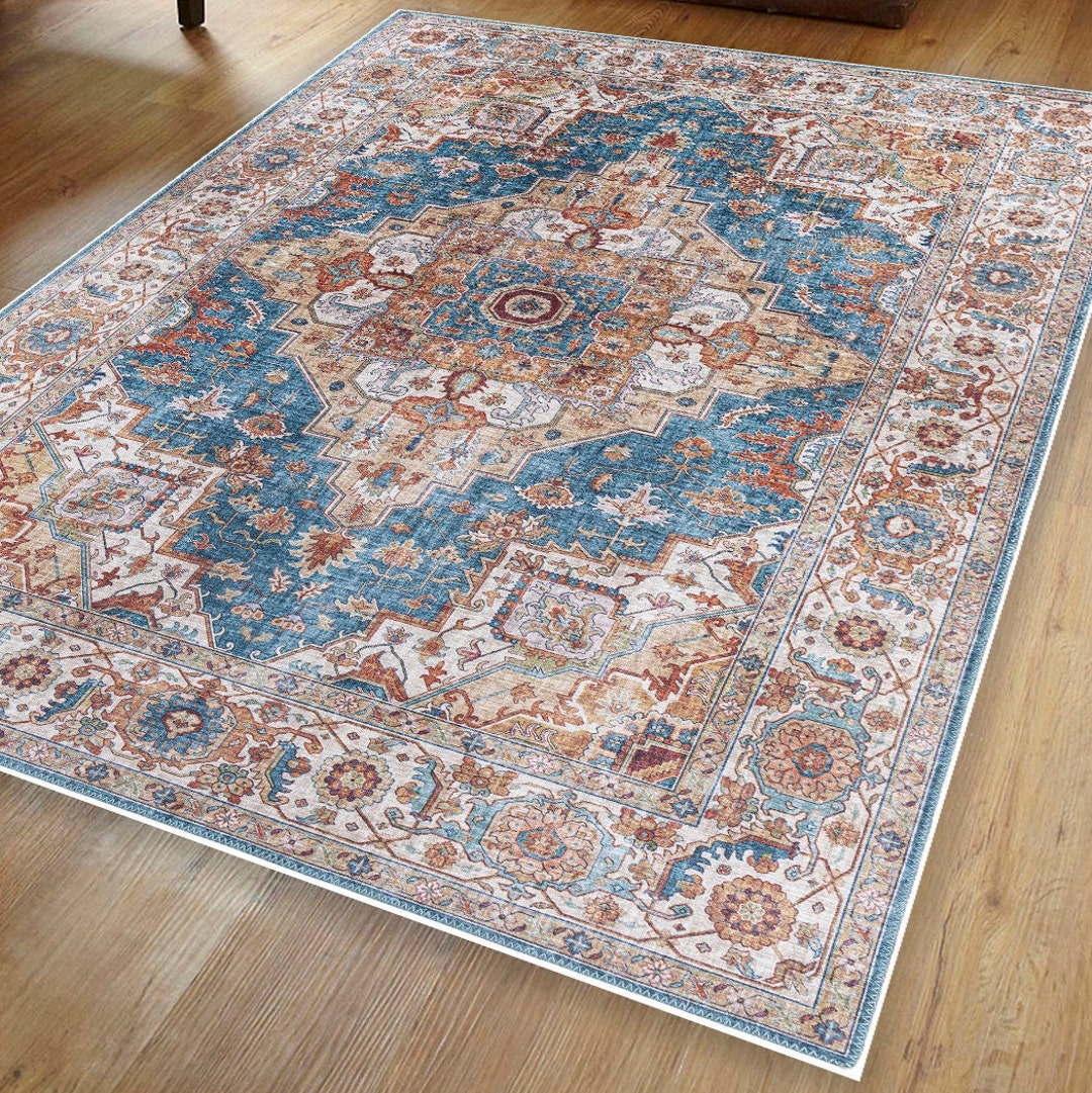 Terracotta Blue Red Persian Style Traditional Rug Washable Stain ...
